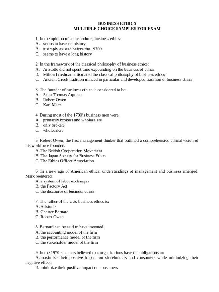 Business Ethics - Multiple Choice | PDF | Morality | Relativism