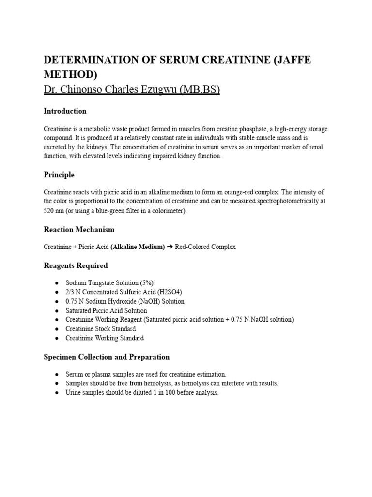 Determination of Serum Creatinine (Jaffe Method) | PDF | Creatinine ...