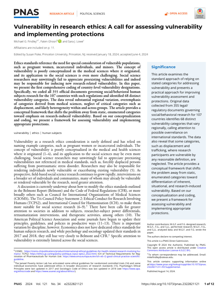 Lowe Et Al Vulnerability in Research Ethics A Call For Assessing Vulnerability and Implementing ...