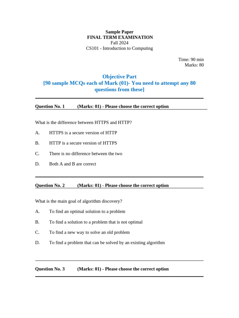 CS101 Sample Paper (Final) | PDF | Central Processing Unit | Queue (Abstract Data Type)