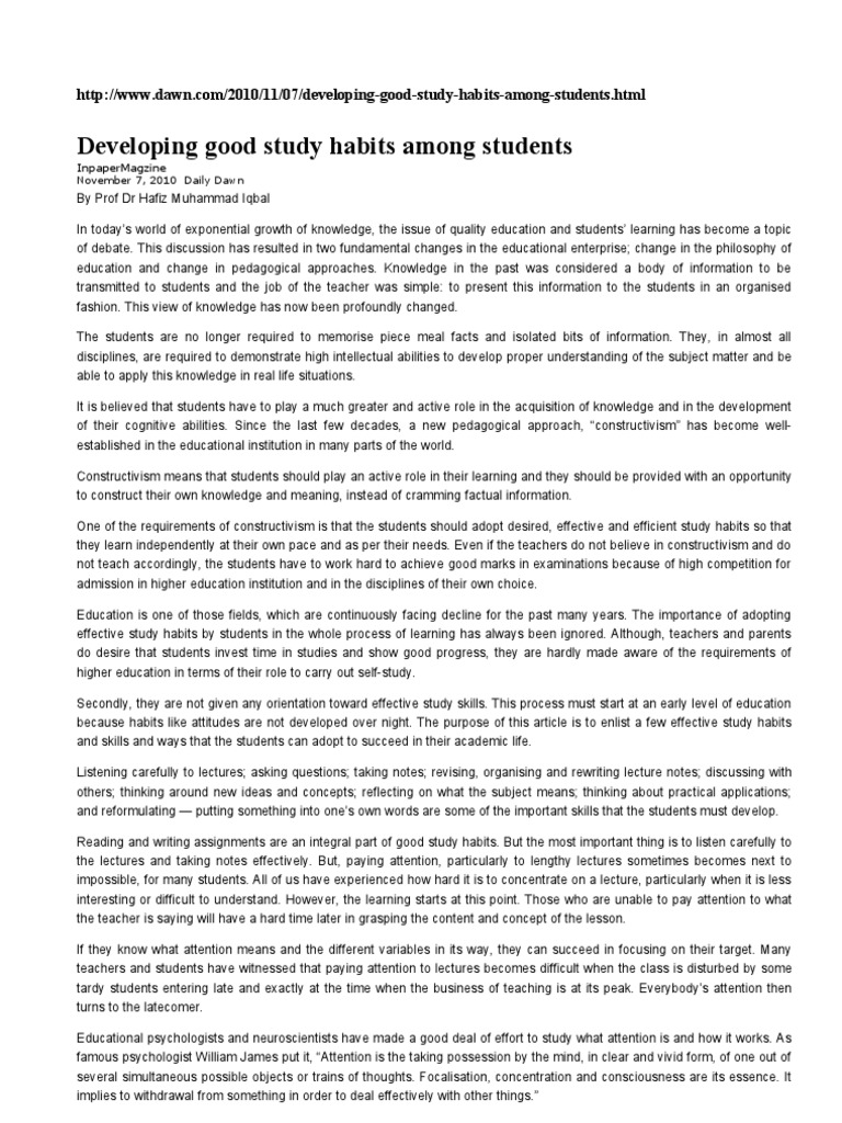 Developing Good Study Habits Among Students-DAWN | PDF | Attention ...