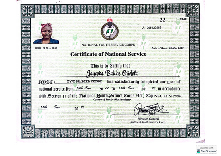 Jayeoba Balikis NYSC Certificate | PDF
