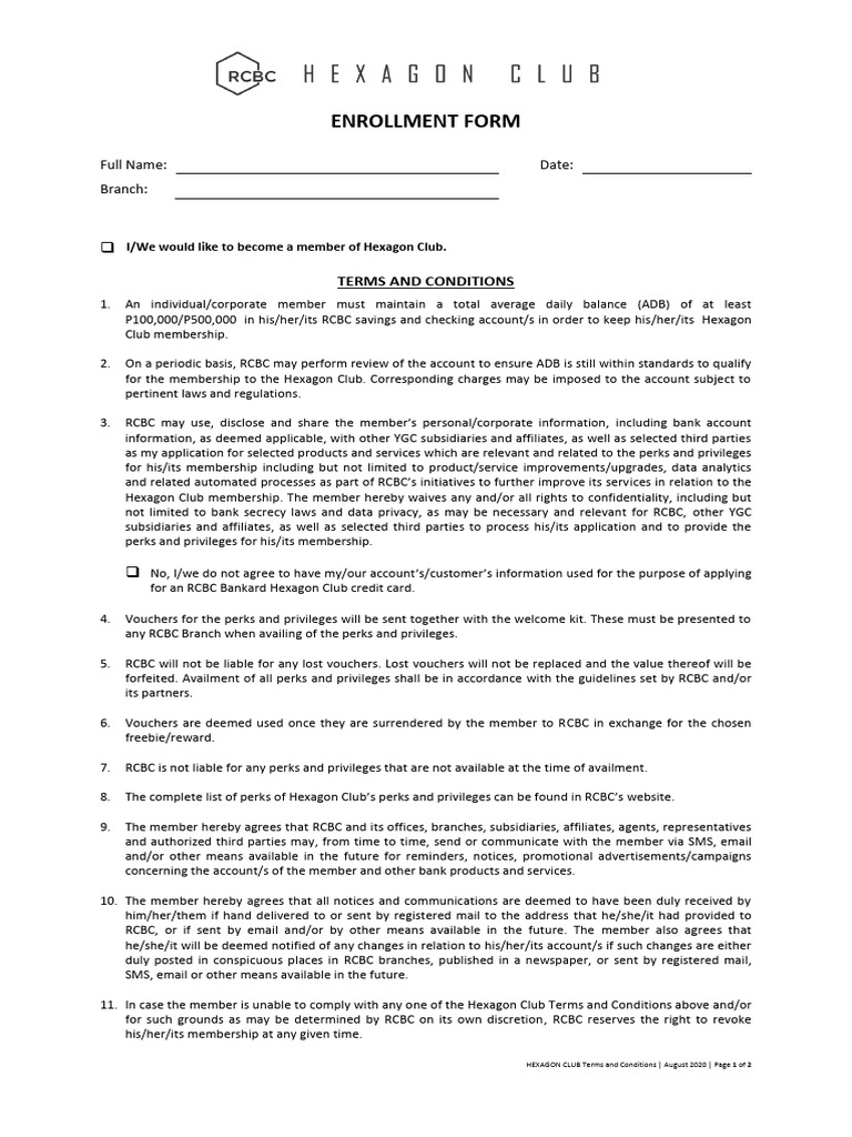 Hexagon Club Privilege - Enrollment Form, T&CS, and Life Insurance Form ...