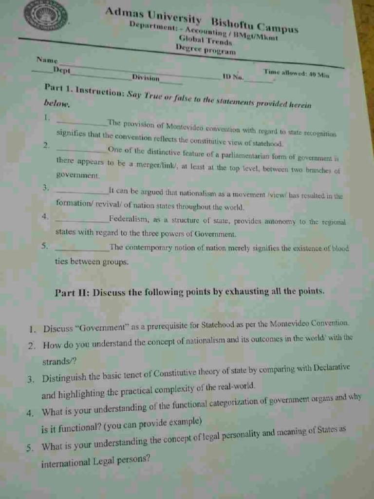 Global Affairs Midterm Exam 1 (AsU) | PDF