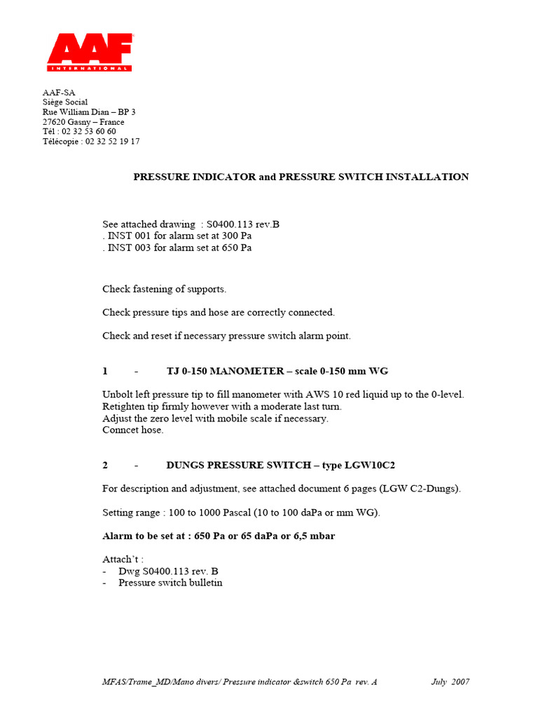 Pressure Indicator and Pressure Switch Installation 650pa | PDF ...