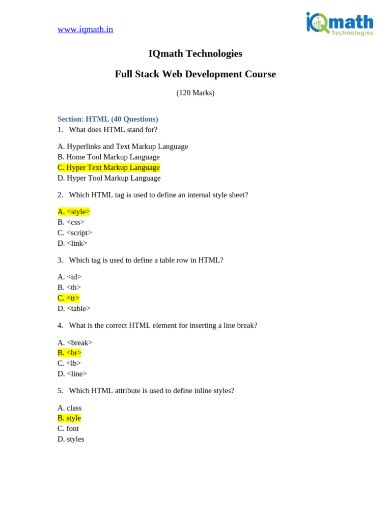 Full Stack Web Dev Mcqs Complete[1] | PDF | Html | Markup Language