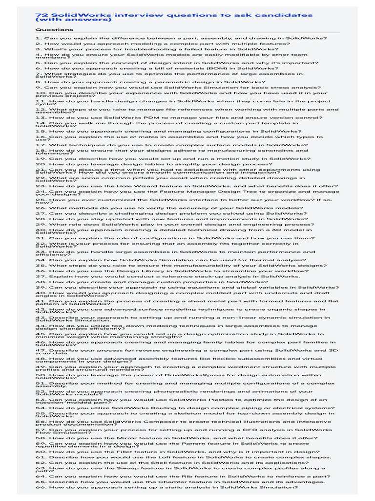 72 Solidworks Interview Questions | PDF | Simulation | 3 D Computer Graphics