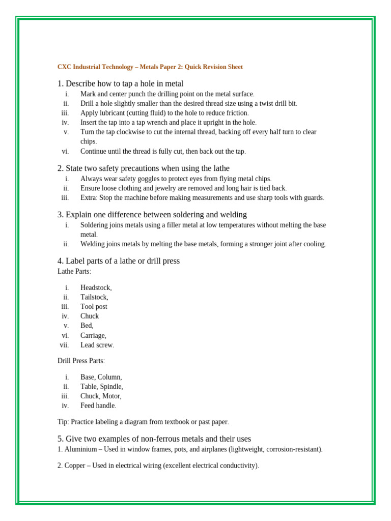 CXC - Metals - Paper2 - Revision - Sheet Punraj | PDF | Metalworking | Mechanical Engineering