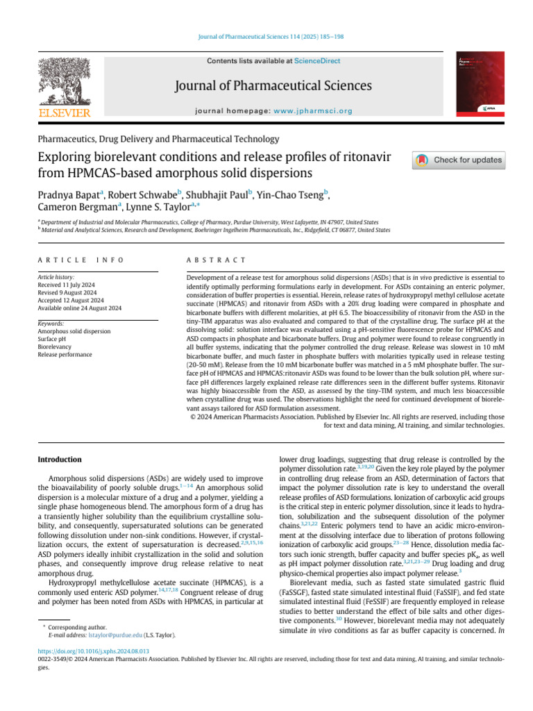 Exploring Biorelevant Conditions and Release Profiles of Ritonavir From HPMCAS-based Amorphous ...