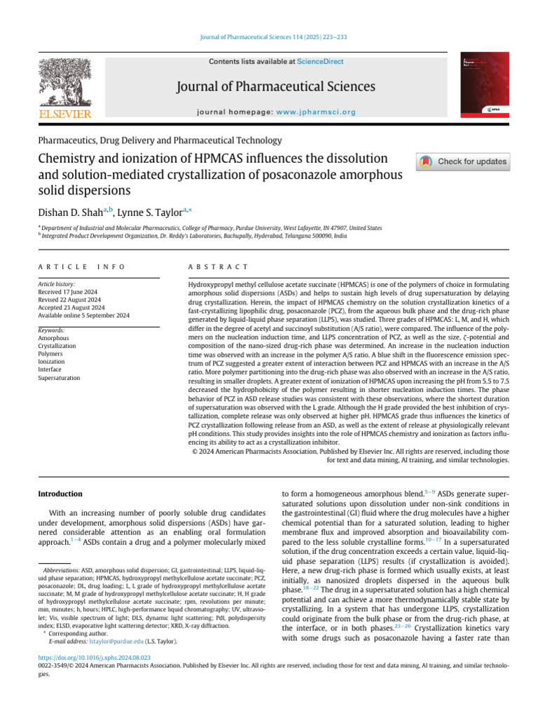 Chemistry and Ionization of HPMCAS Influences The Dissolution and Solution-Mediated ...