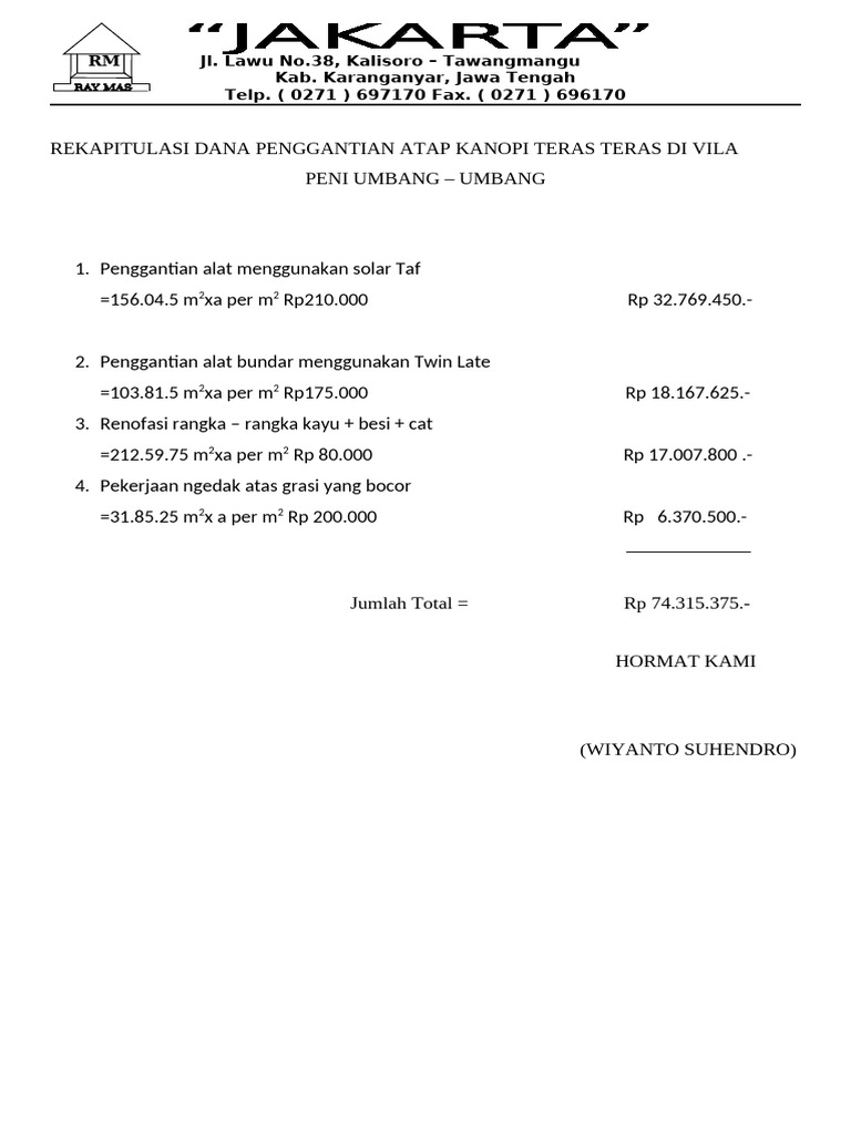 Rekapitulasi Dana Penggantian Atap Kanopi Teras Teras Di Vila | PDF