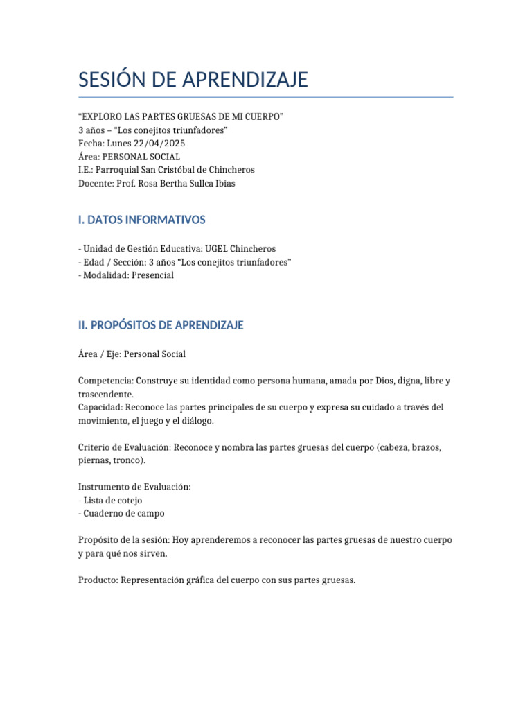 Sesión Partes Gruesas Del Cuerpo Pdf Aprendizaje