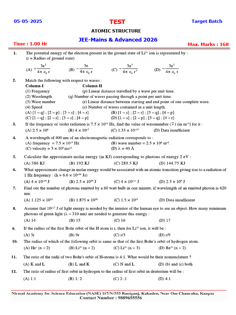Test On Atomic Structure 05-05-2025 | PDF