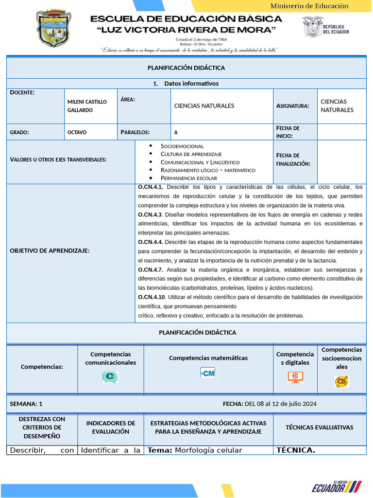 PLANIFICACIÓN OCTAVO - CN Desde El 08 de Julio de 2024 | PDF | Biología ...