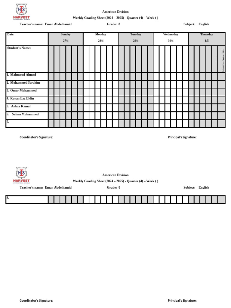 Newweekly Grading Sheet GR - 7 Qu 4-2 | PDF