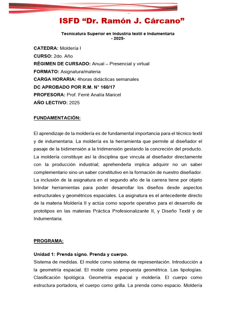 Programa Molderia I 2025 | PDF | Softlines (venta minorista) | Estética
