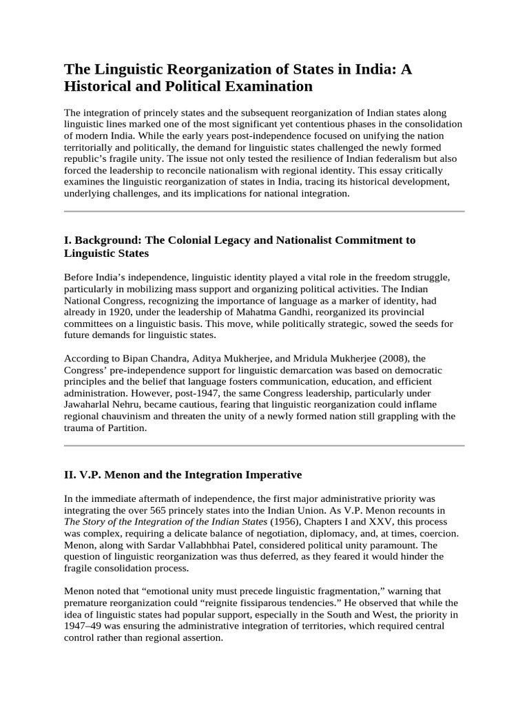 Linguistic Reorganization of Indian States | PDF | Politics Of India