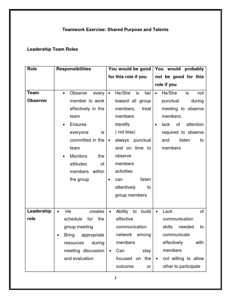 Teamwork Exercise: Shared Purpose and Talents | PDF | Leadership ...