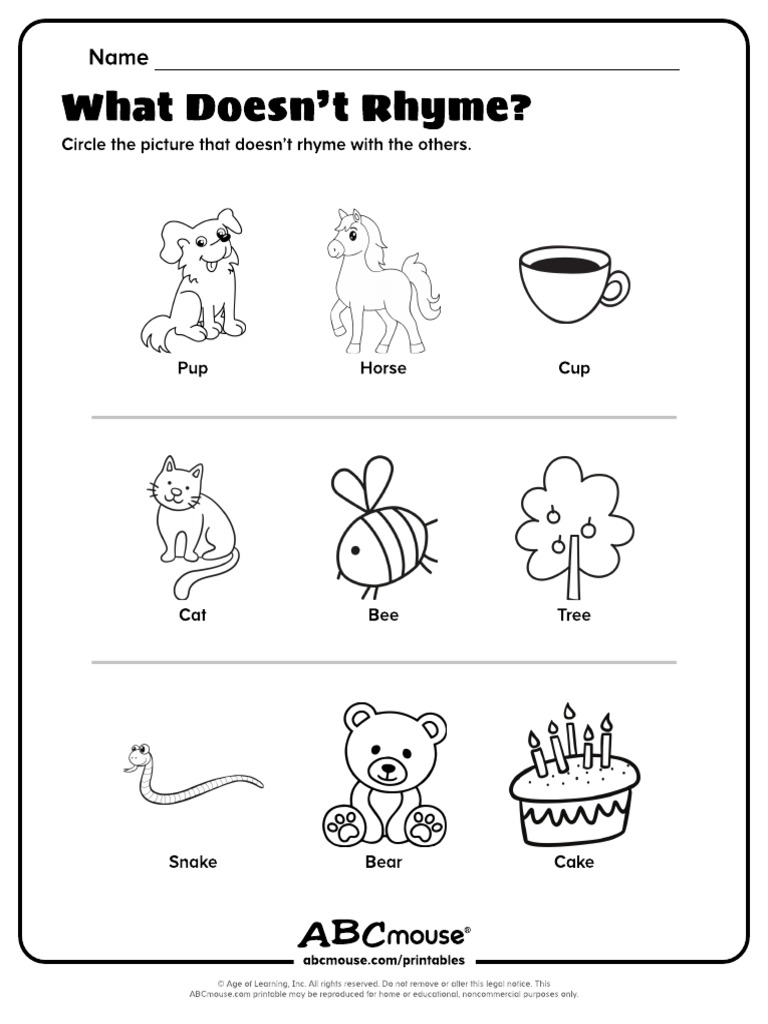 ABCMouse What Doesnt Rhyme Worksheet 1 | PDF