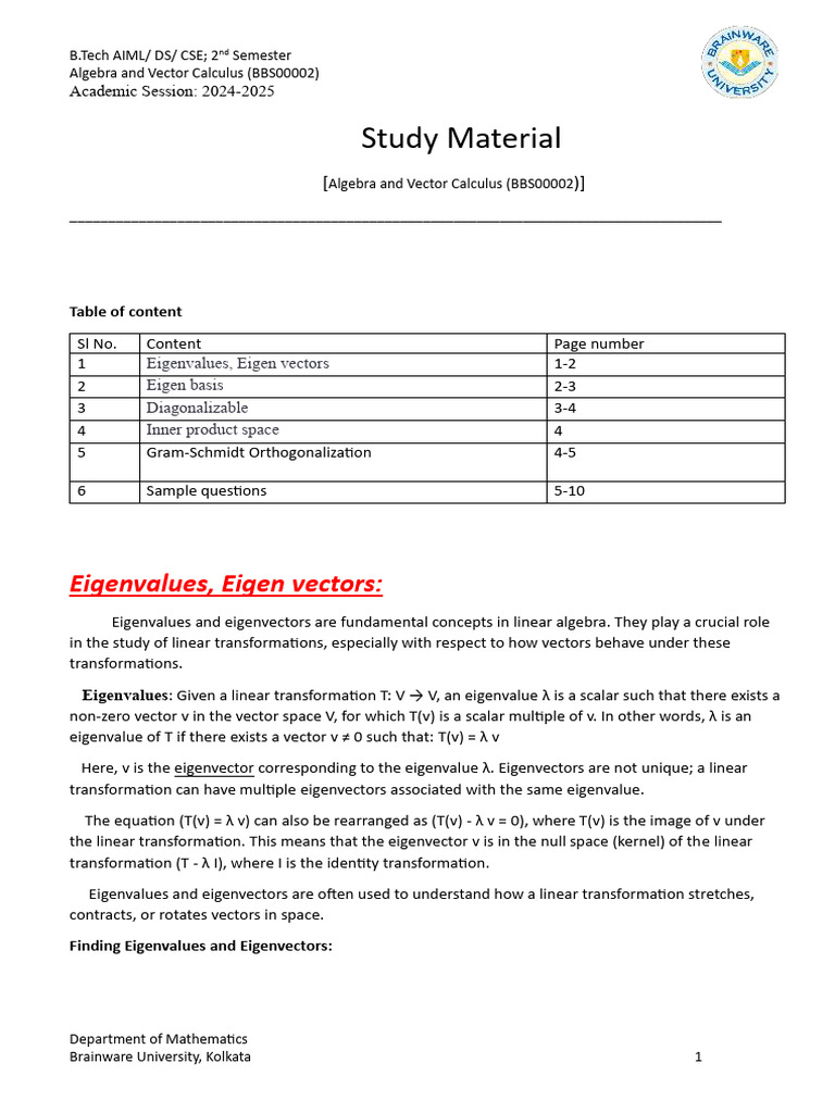 Study Material - Module 3 - Vector Spaces-II | PDF | Eigenvalues And Eigenvectors | Matrix ...