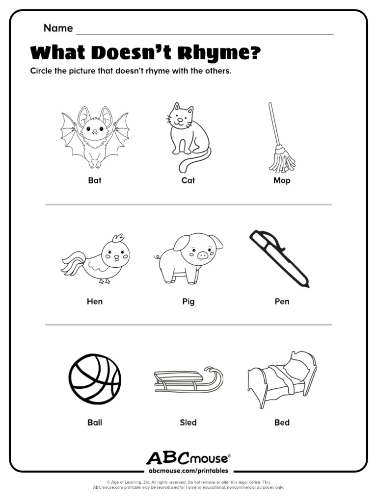 ABCMouse What Doesnt Rhyme Worksheet 2 | PDF