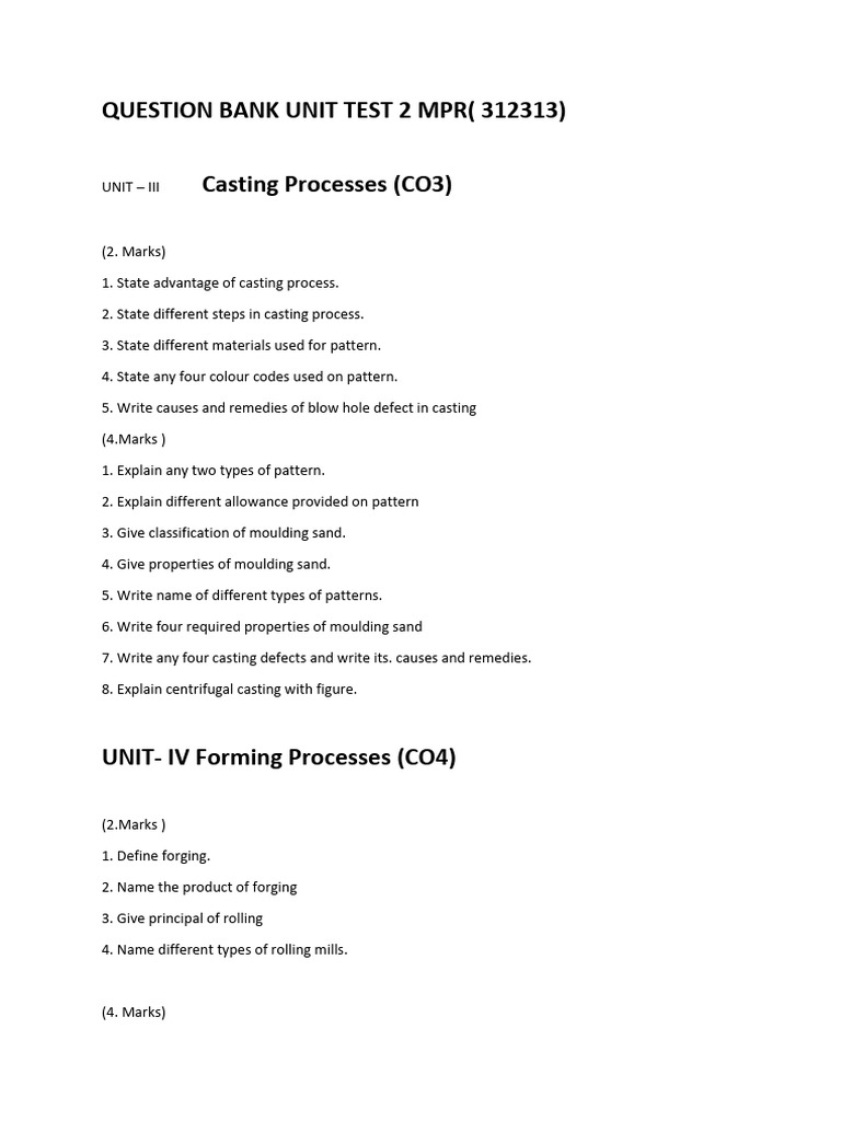 Question Bank Unit Test-2 MPR 250325 | PDF