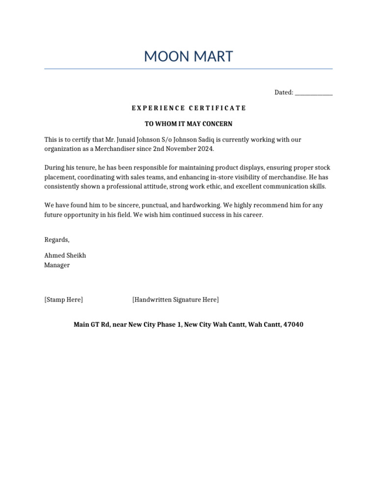 Salesman Experience Certificate Junaid Johnson Updated | PDF
