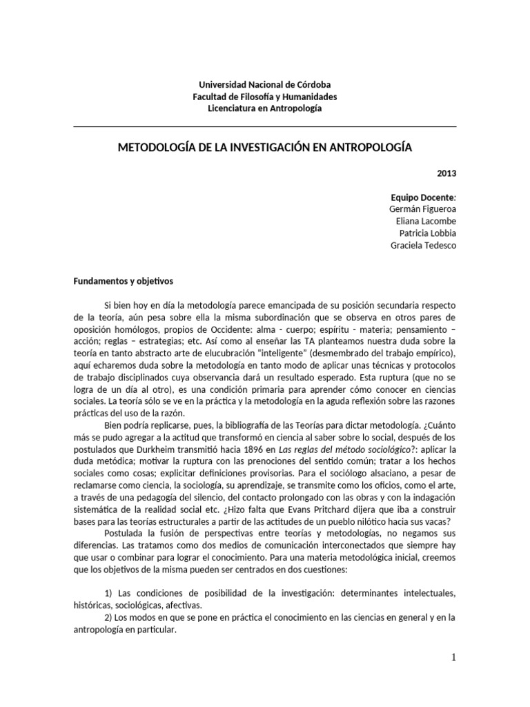 2013 Programa Metodologia Investigacion Antropologia Final | PDF | Etnografía | Arqueología