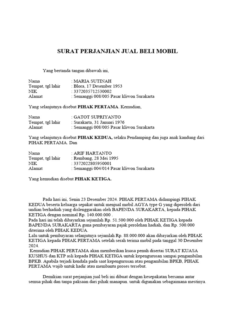 Surat Perjanjian Jual Beli Mobil AGYA | PDF