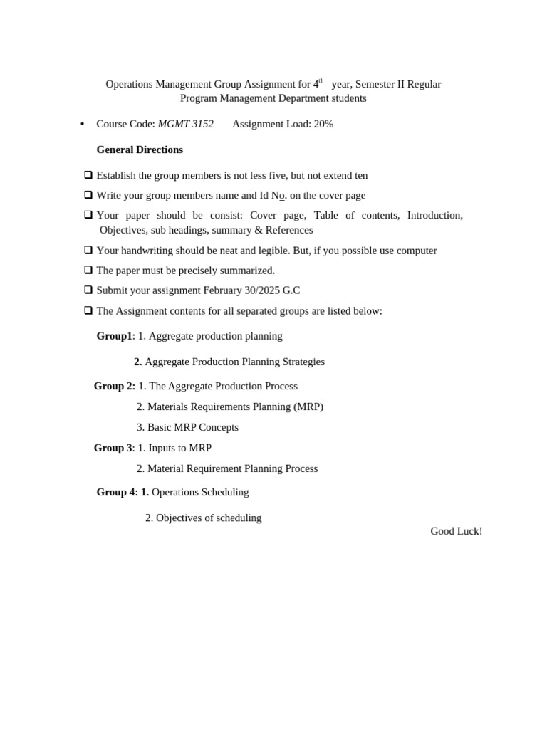 Operations Management Group Assignment For 4th Year | PDF
