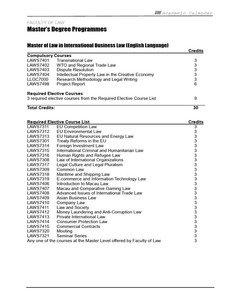 Study Plan of Master of Law in International Business Law 1920 | PDF ...