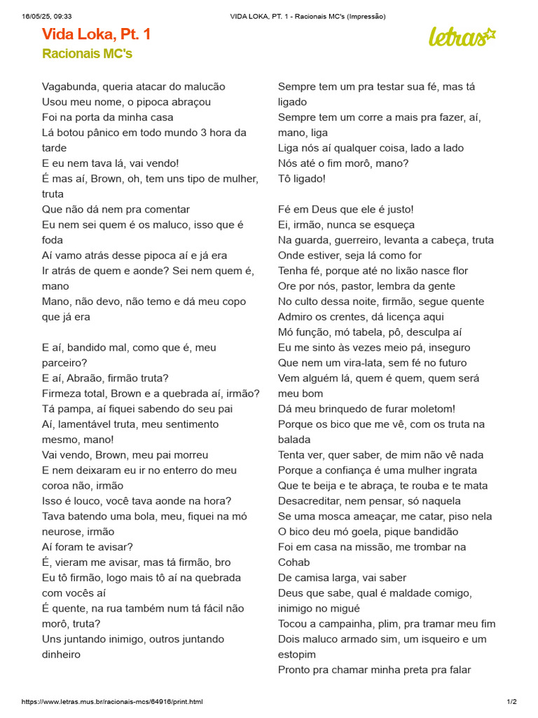 VIDA LOKA, PT. 1 - Racionais MC's (Impressão) | PDF | Fé
