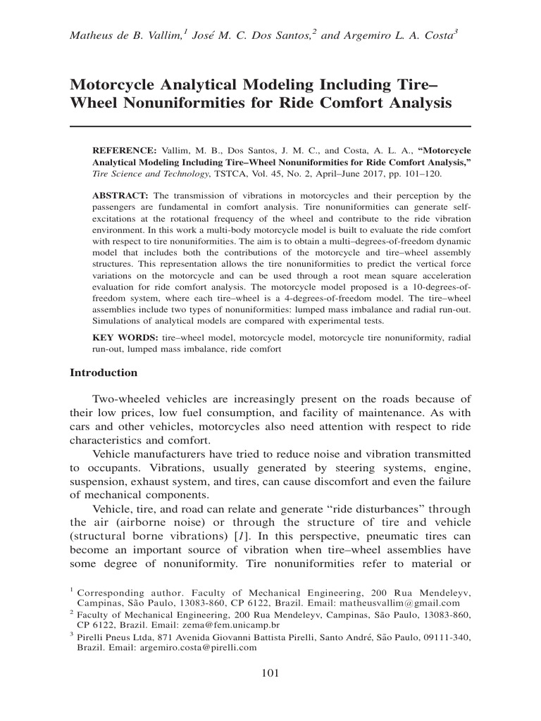 Motorcycle Analytical Modelling Including Tire - Wheel Nonuniformities ...