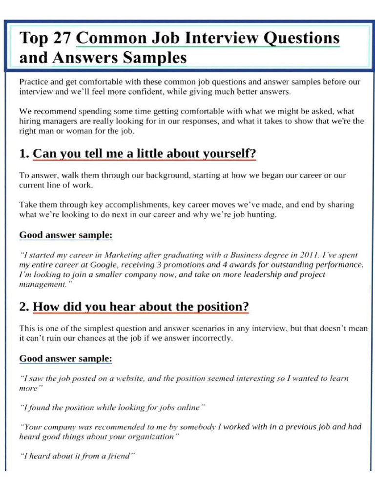 Top 20 Common Interview Questions | PDF