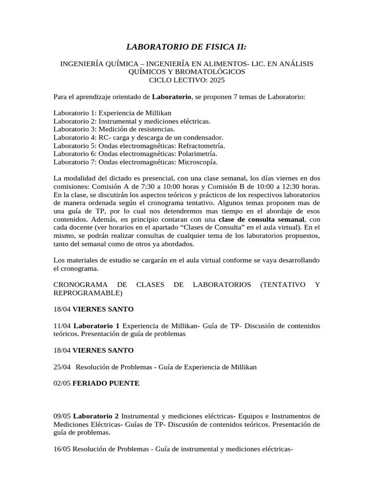 LABORATORIO DE FISICA II Cronograma2025 | PDF | Laboratorios