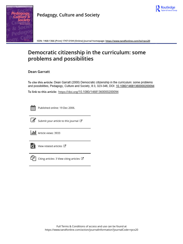 Democratic Citizenship in The Curriculum Some Problems and Possibilities | PDF | Curriculum ...