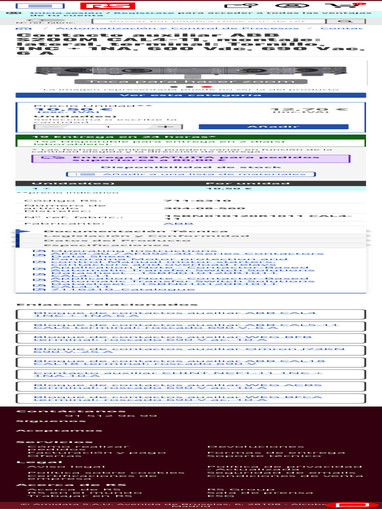 1SBN010120R1011 CAL4-11 Contacto Auxiliar ABB S200M CAL4-11, Montaje Lateral, Terminal Tornillo ...