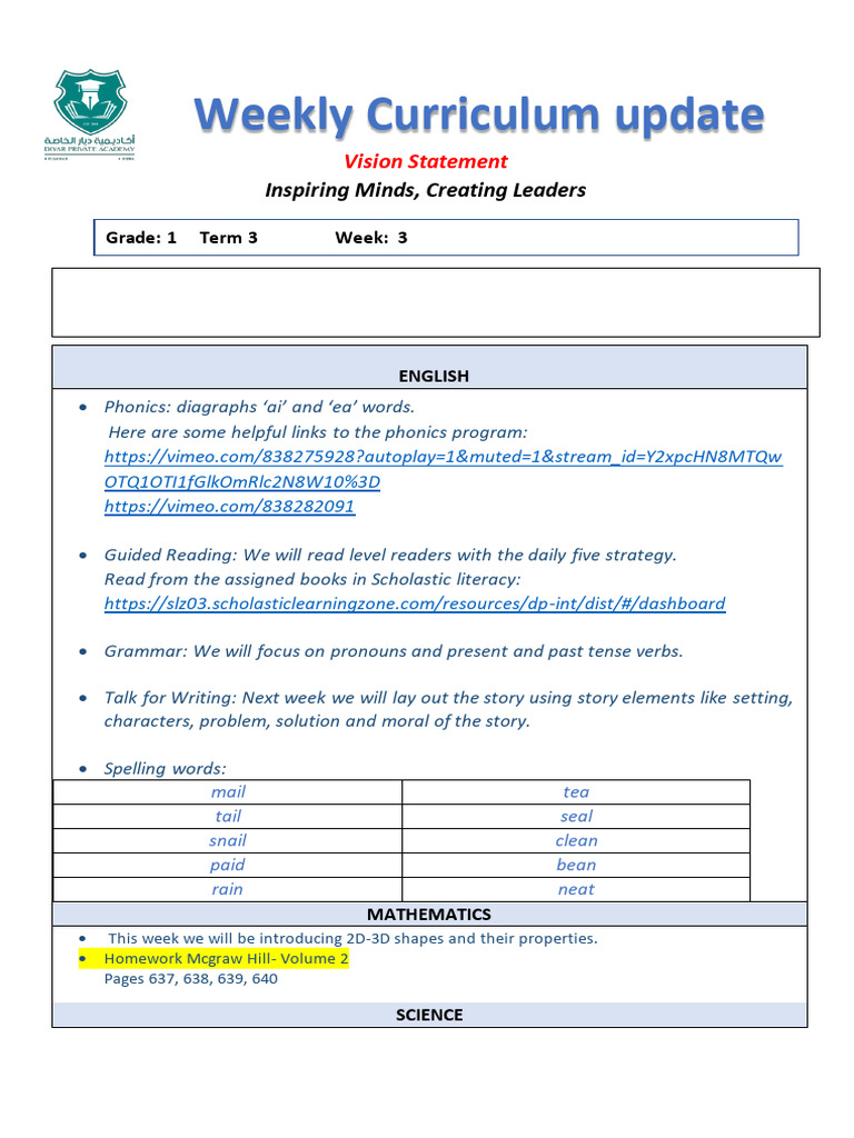 Grade 1 Newsletter T3 Week 3 | PDF | Linguistics