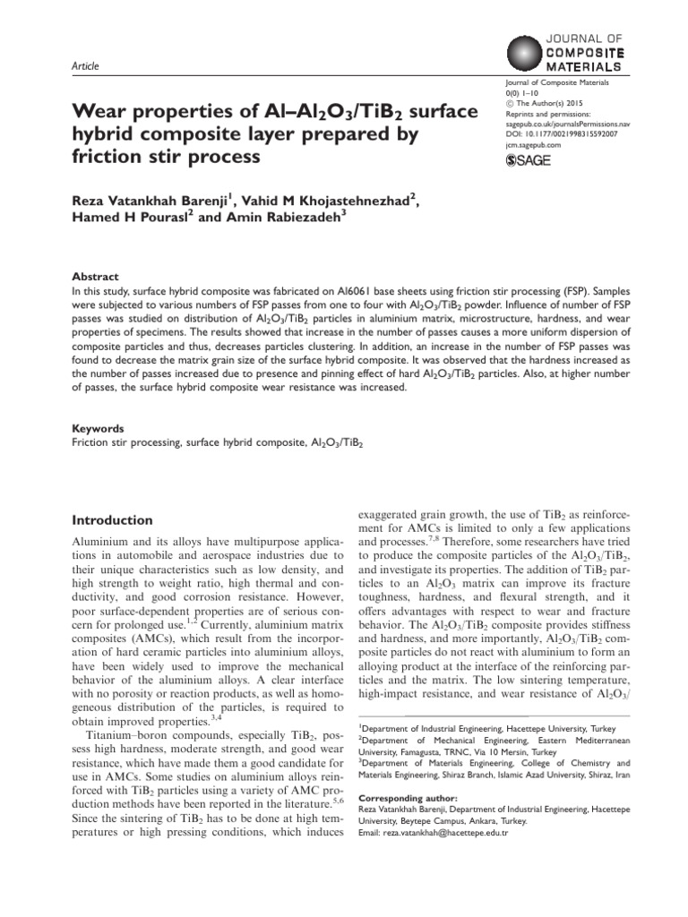 Wear Properties of Al Al2O3 TiB2 Surface Hybrid Composite Layer Prepared by Friction Stir ...