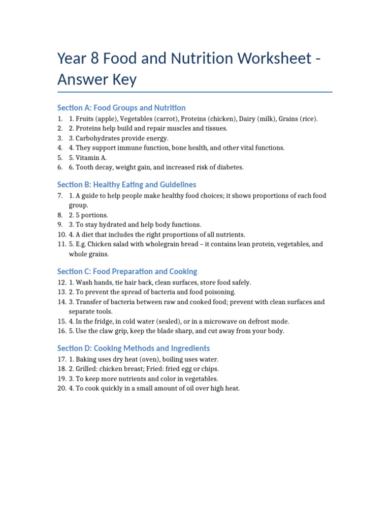 Year 8 Food and Nutrition Answer Key | PDF