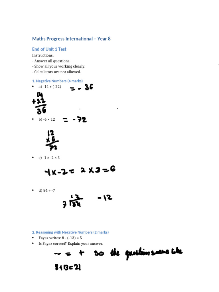 Maths - Progress - Y8 - Test1 3 | PDF