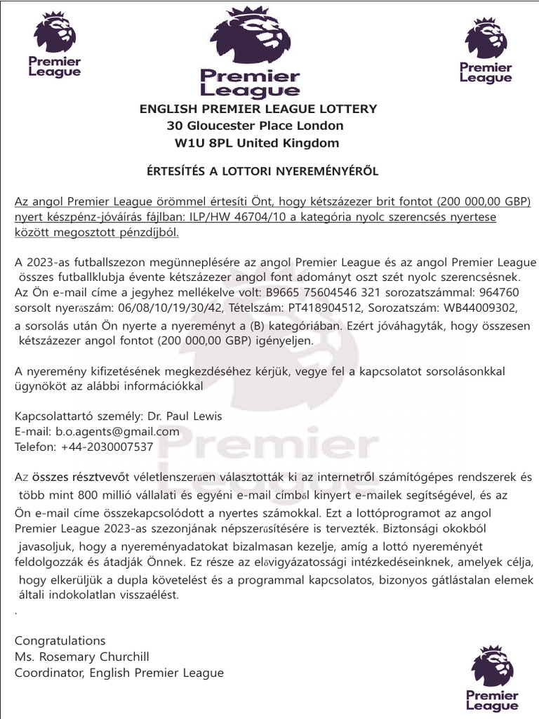 Értesítés A Lottori Nyereményér L: English Premier League Lottery 30 ...
