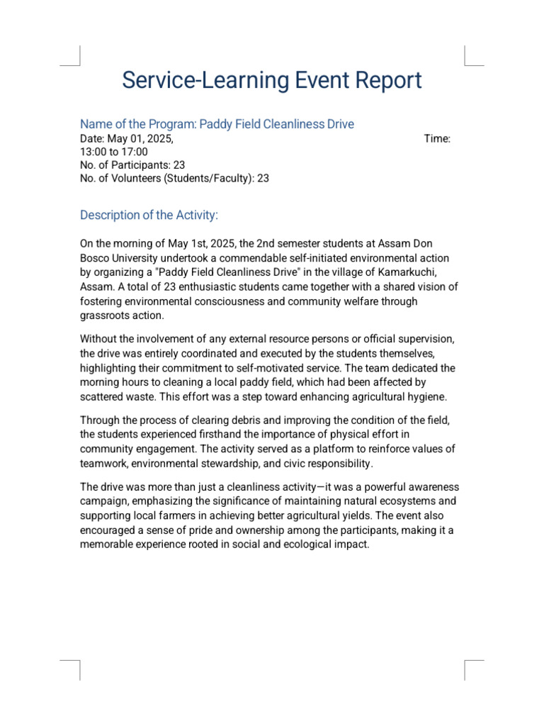 Paddy Field Cleanliness Report | PDF