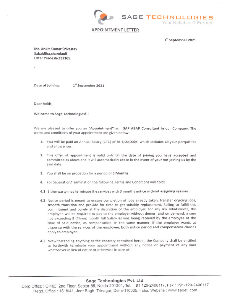 Ankit Srivastav Appointment Letter | PDF
