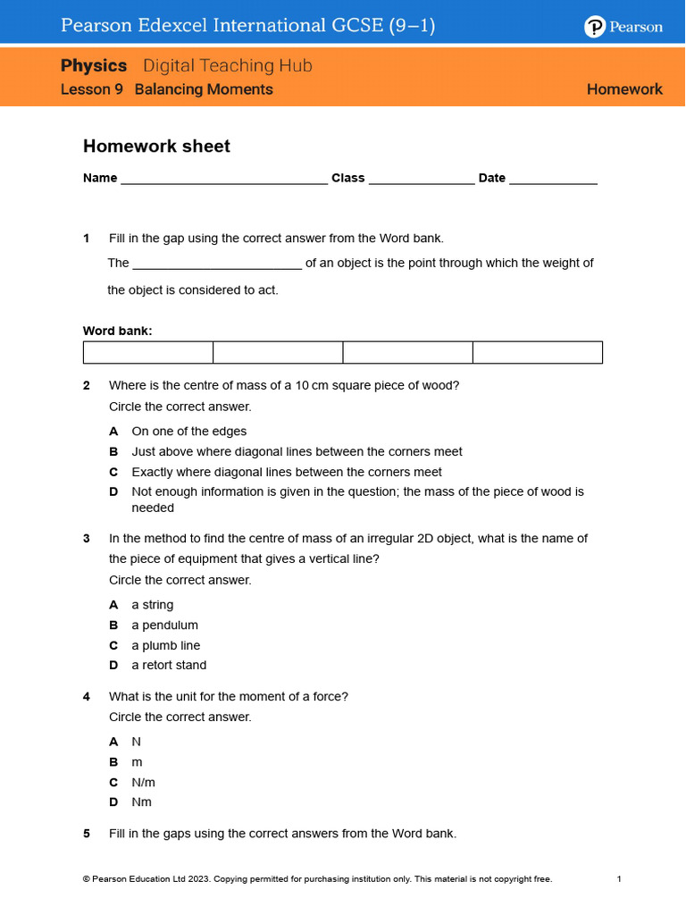 Balancing Moments-IG - Physics - Lesson9 - Homework | PDF | Lever ...