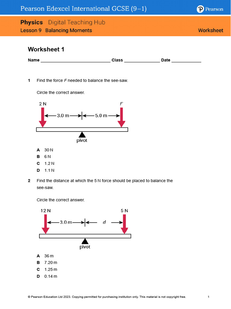 Balancing Moments-IG - Physics - Lesson9 - Worksheet - 01 | PDF