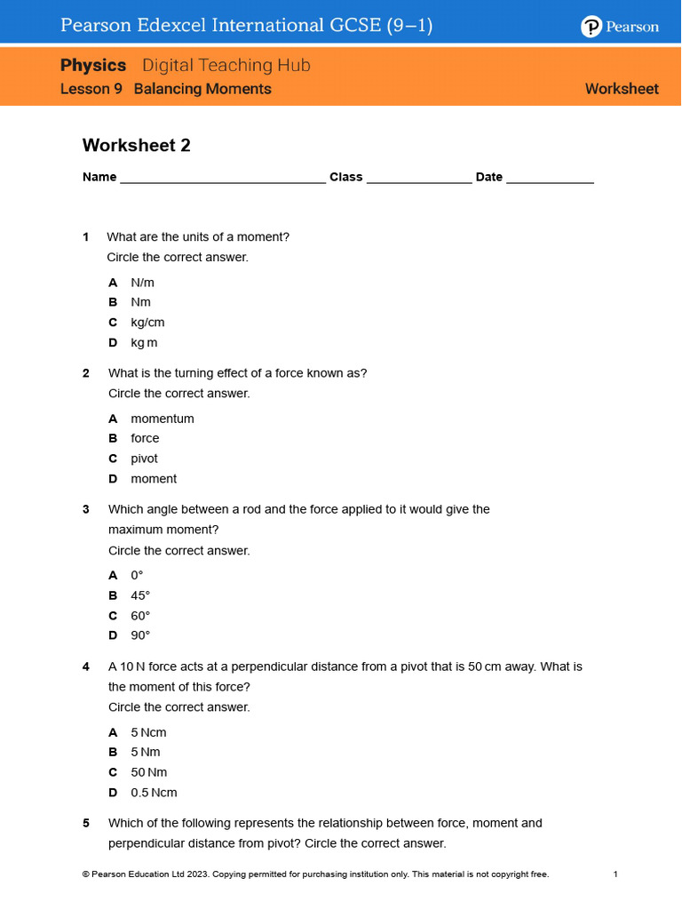 Balancing Moments-IG - Physics - Lesson9 - Worksheet - 02 | PDF | Force | Weight