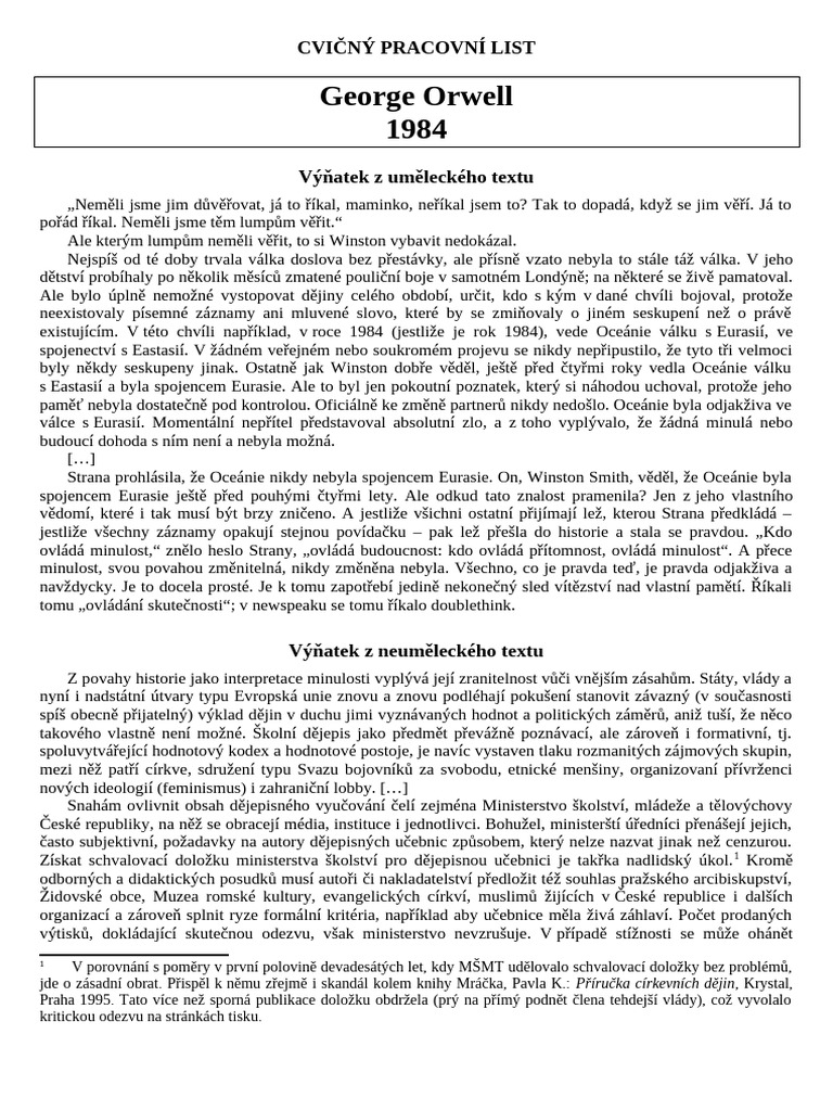 Orwell 1984 Cvič. Prac. List 1 1 | PDF