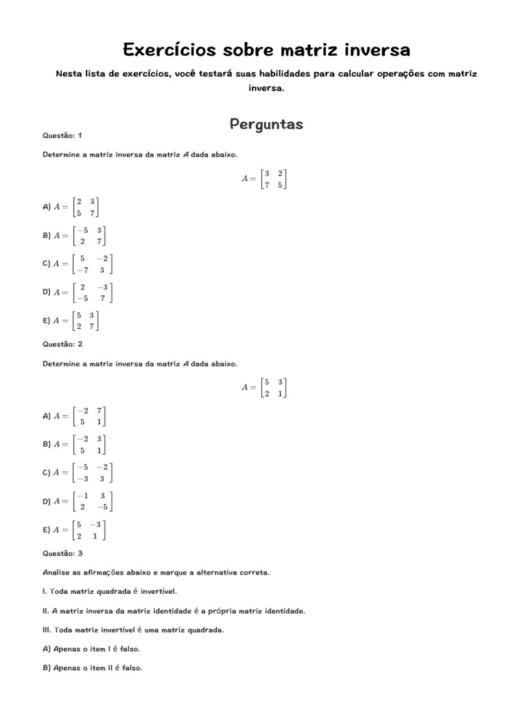 Exercícios Sobre Matriz Inversa - Brasil Escola | PDF | Determinante | Matriz (Matemática)