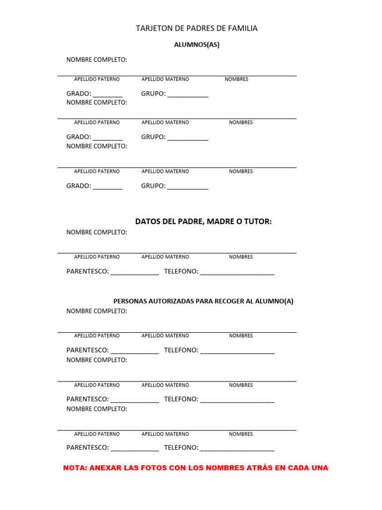 Hoja De Datos Padres De Familia Pdf